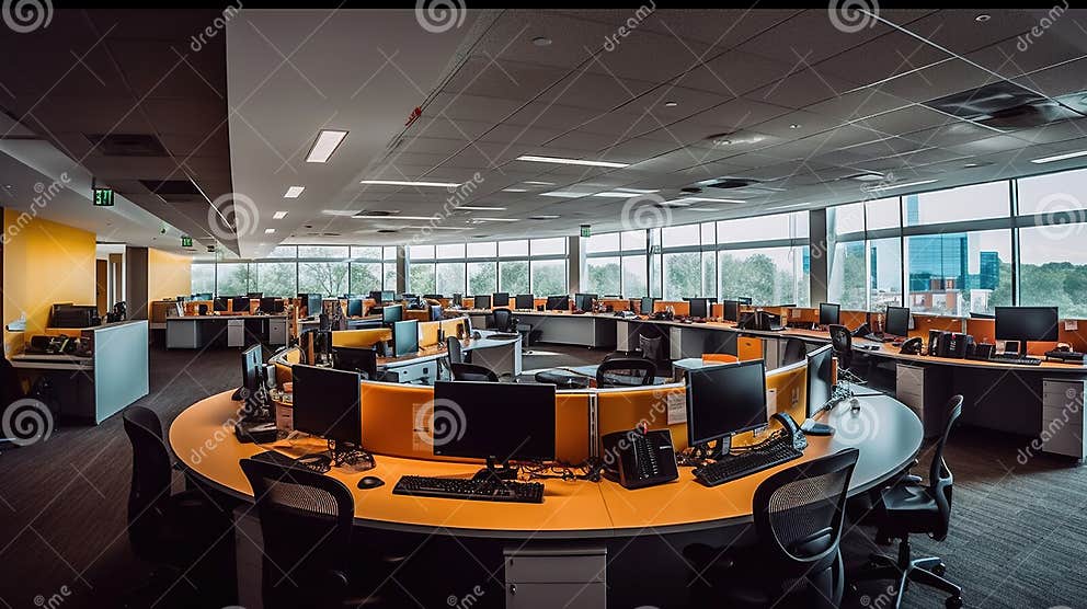 Panorama View of Empty Call Center Operator Workspace. Generative AI ...