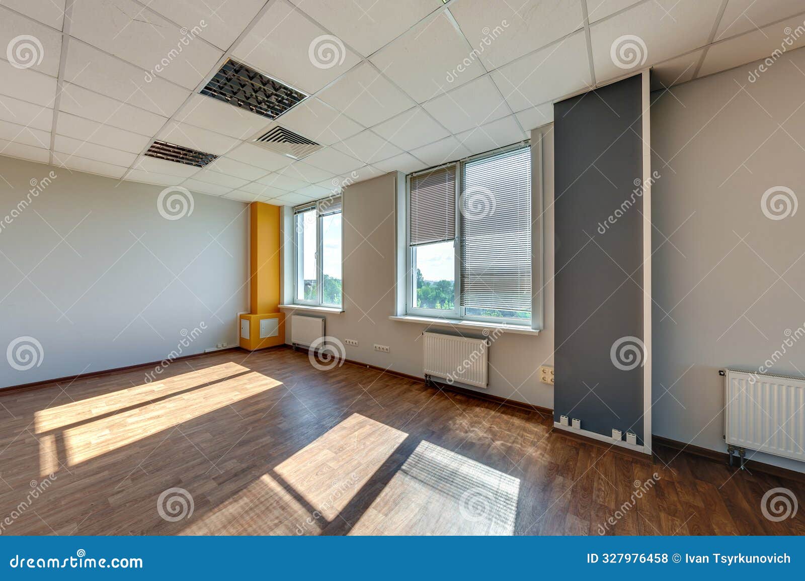 Panorama View in Empty Modern Office Hall with Sunlight in Windows ...