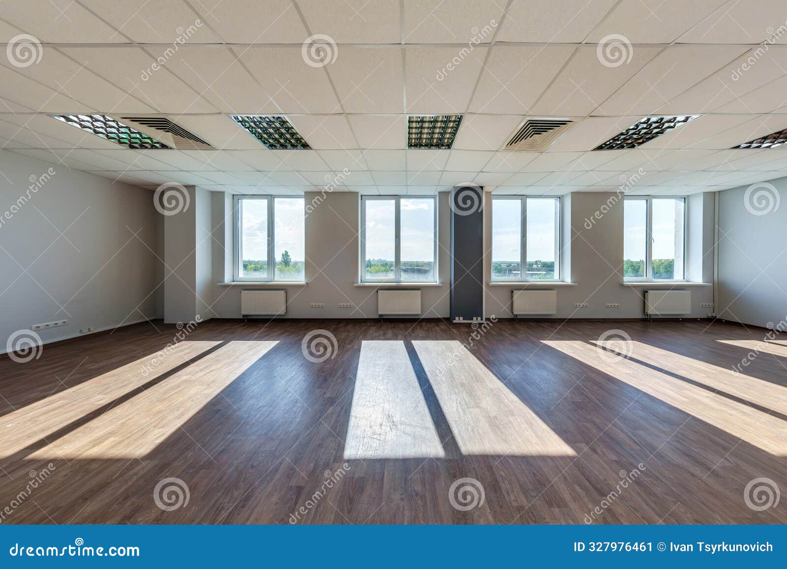 Panorama View in Empty Modern Office Hall with Sunlight in Windows ...