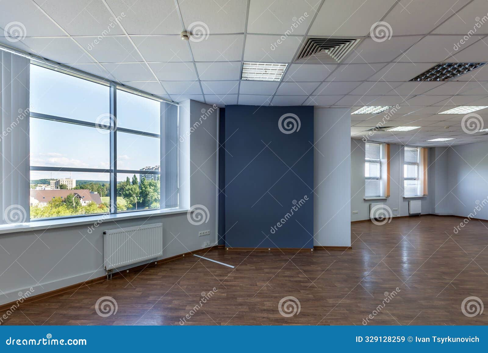 Panorama View in Empty Modern Office Hall with Sunlight in Windows ...