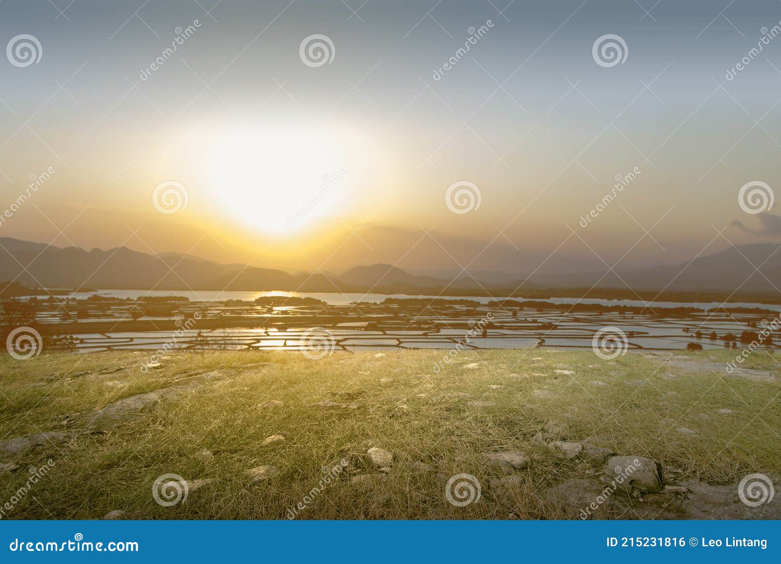 Panorama View from the Hills with Rice Fields and Mountain Stock Photo ...