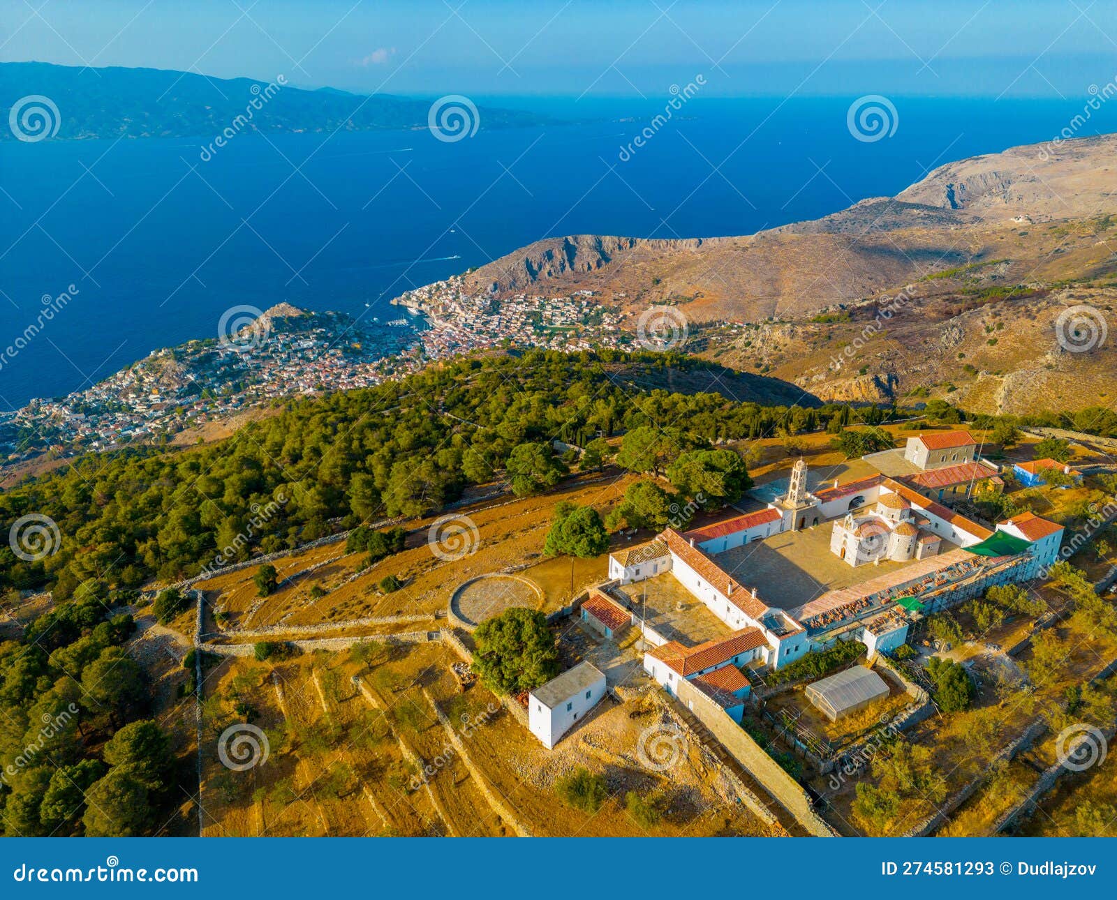 Panorama View of Hydra Town and Prophet Elias Monastery in Greec Stock ...