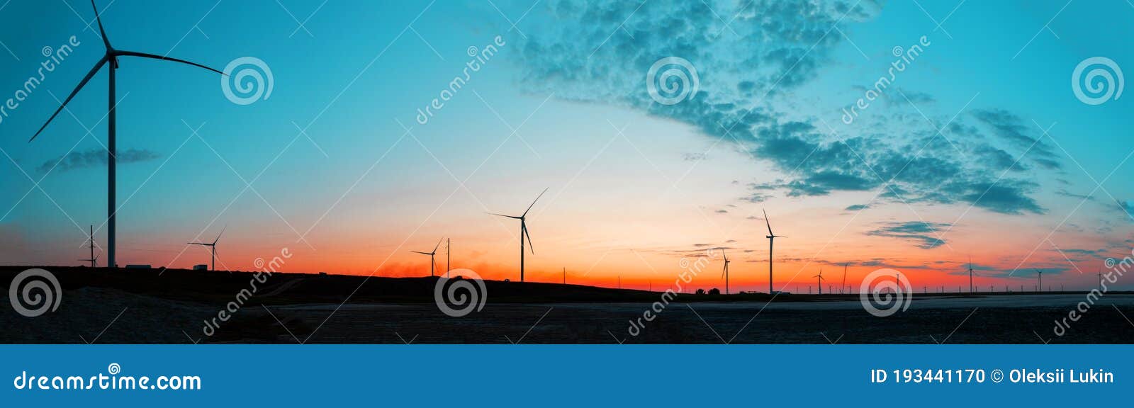 Panorama of Wind Farm at Sunrise Stock Photo - Image of technology ...