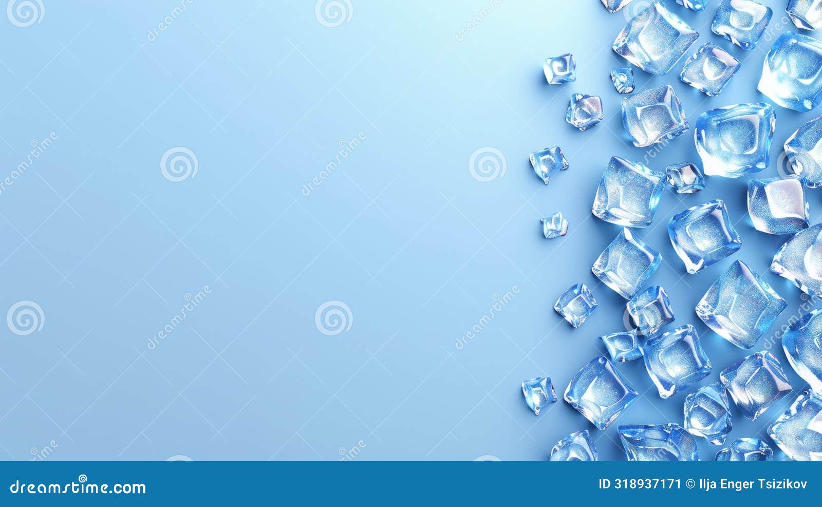 Panoramic Banner of Cold Blue Ice Cubes on a Bluish Background, Lightly ...