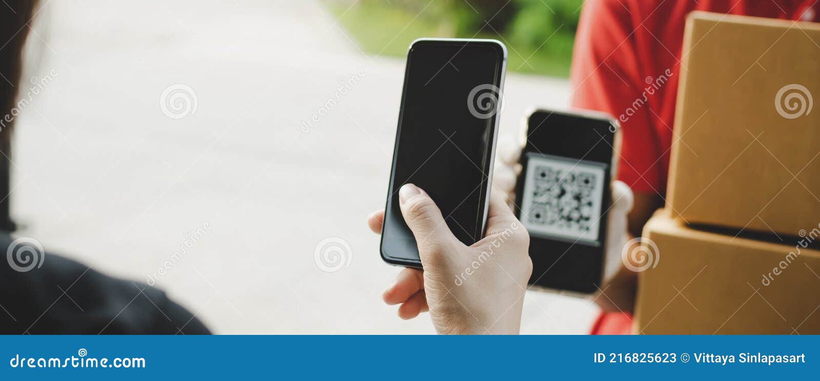 Panoramic Banner. Hand Using Digital Mobile Phone Scan QR Code Paying ...