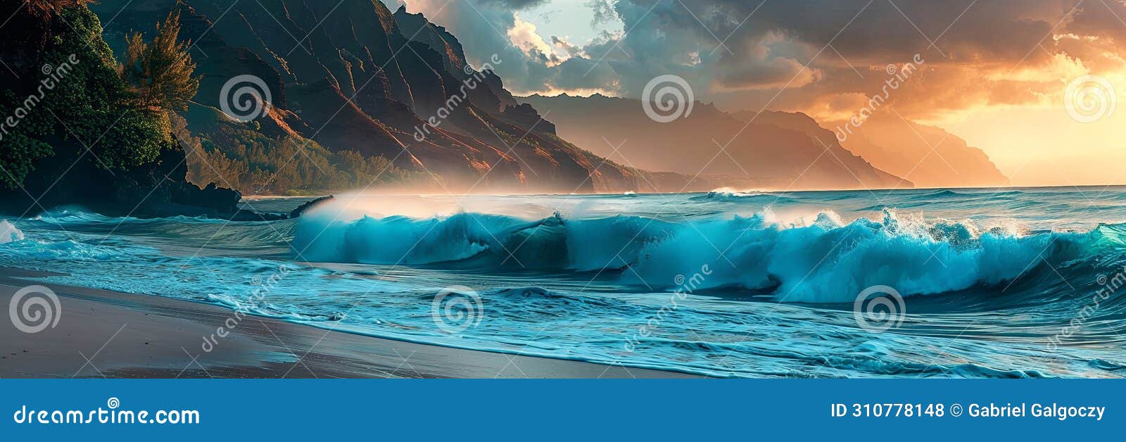 Panoramic Banner of Rough Ocean Waves Hitting Cliff Rock on Shoreline ...