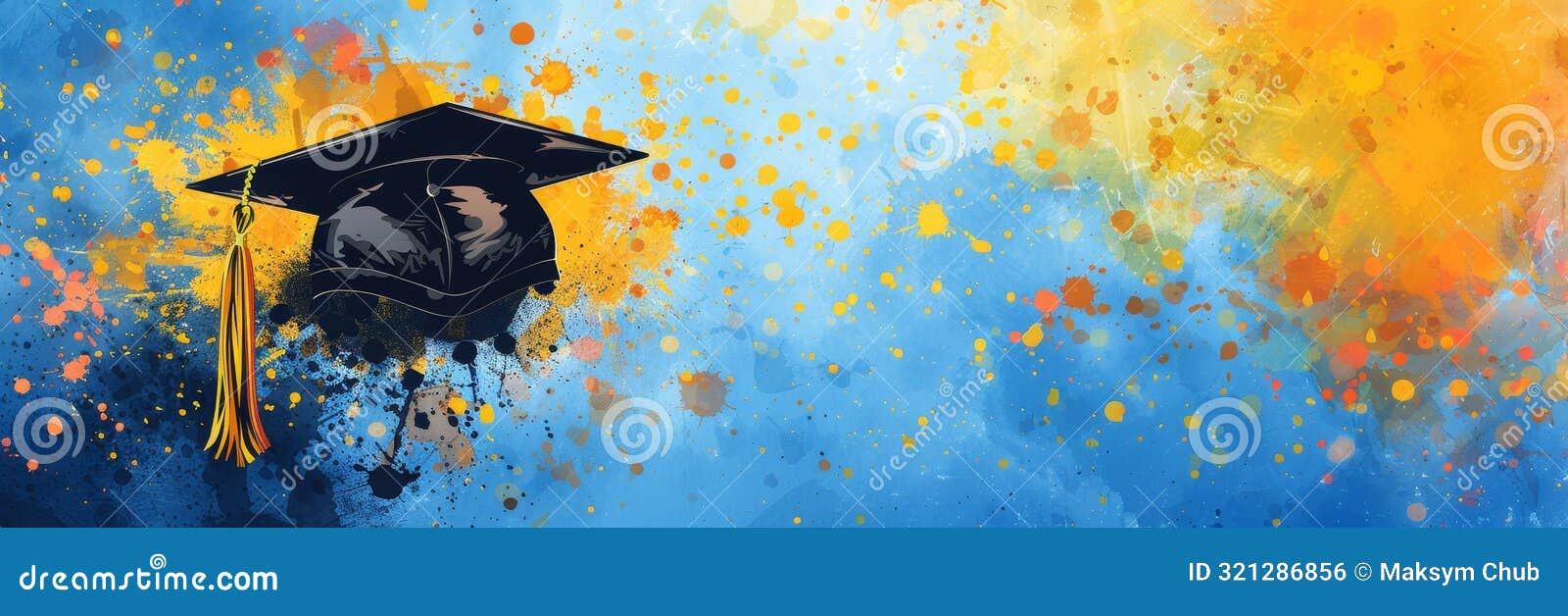 Panoramic Blue Background with Graduation Cap, Diploma, and Copy Space ...