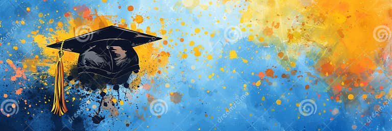 Panoramic Blue Background with Graduation Cap, Diploma, and Copy Space ...