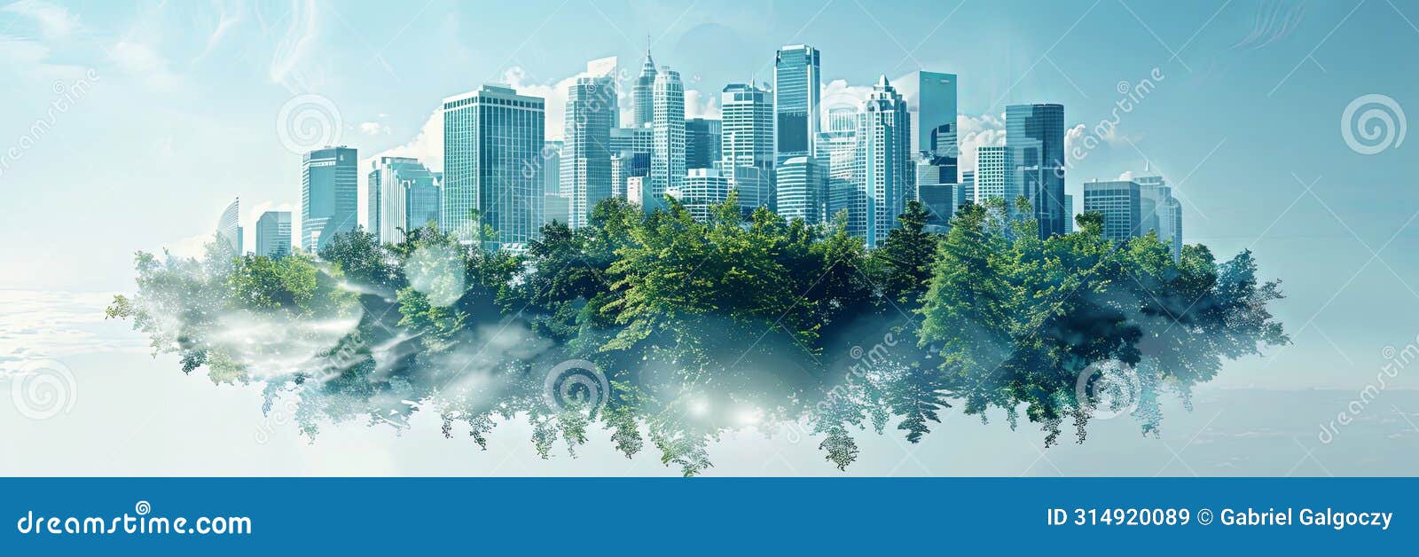 Panoramic Cityscape Banner with Green Forest Overlay Stock Illustration ...
