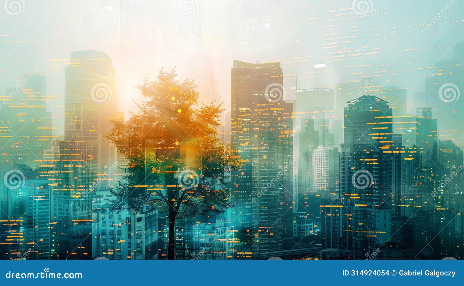 Panoramic Cityscape with Double Exposure Overlay of Green Forest Stock ...