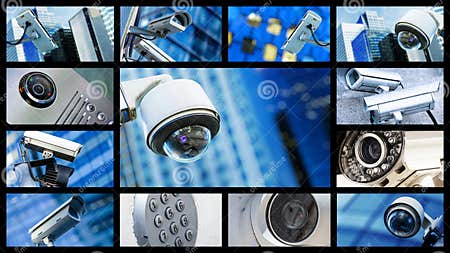 Panoramic Collage of Closeup Security CCTV Camera or Surveillance ...