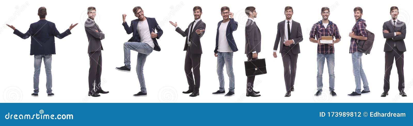 Panoramic Collage of Self-motivated Young Man .isolated on White Stock ...