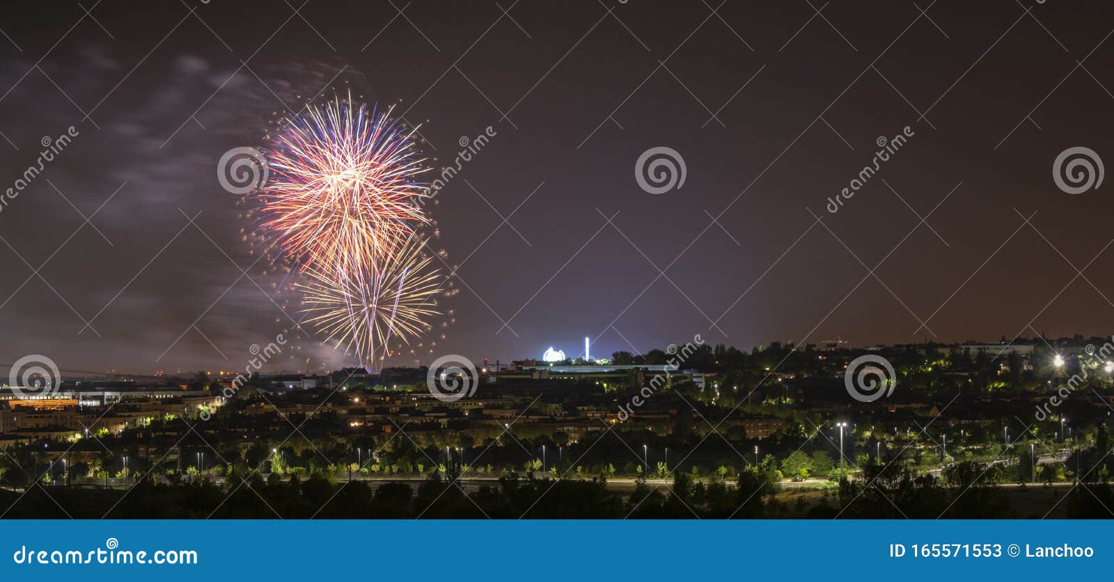 Panoramic of Colorful Fireworks in the Distance. Stock Image - Image of ...