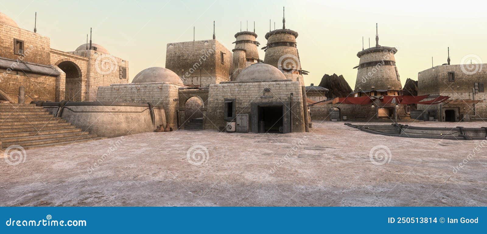Panoramic 3D Rendering of a Fantasy Sci-fi Outpost on a Remote Alien ...
