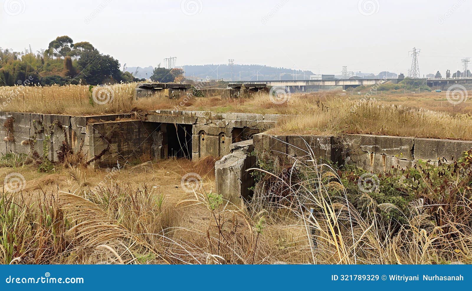 Panoramic Debris Field, Remains of a Concrete Structure. Generative Ai ...