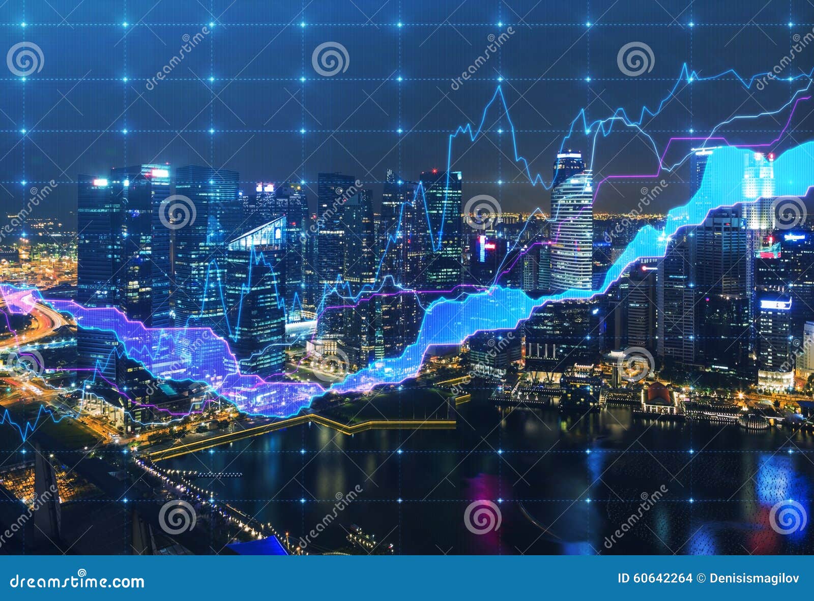 Panoramic Evening New York View with the Digital Financial Chart. Stock ...