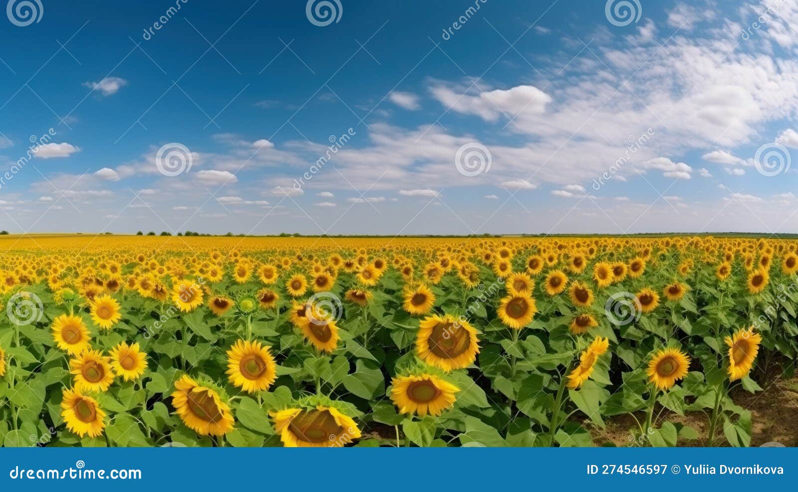 Panoramic Field of Sunflowers with Blue Sky on Sunny Day. Generative AI ...