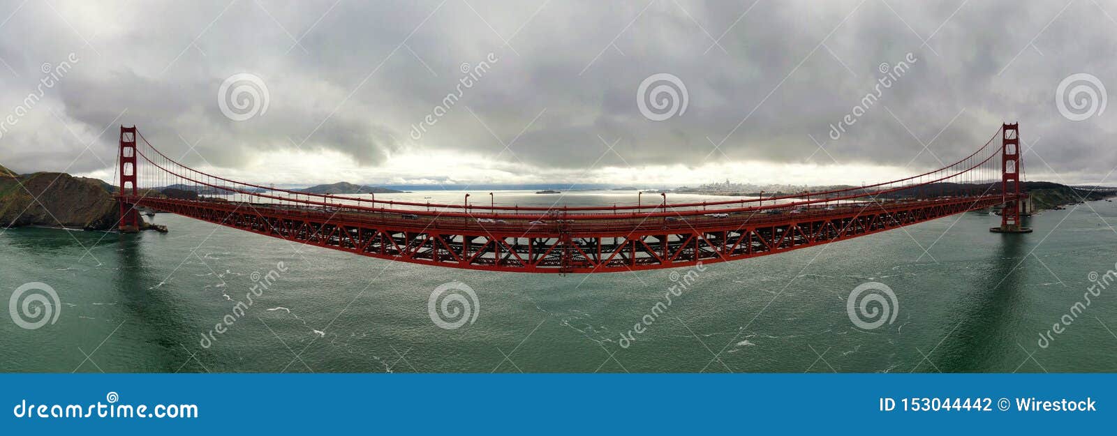 Panoramic Fish-eye Shot of a Large Red Suspension Bridge with Grey ...