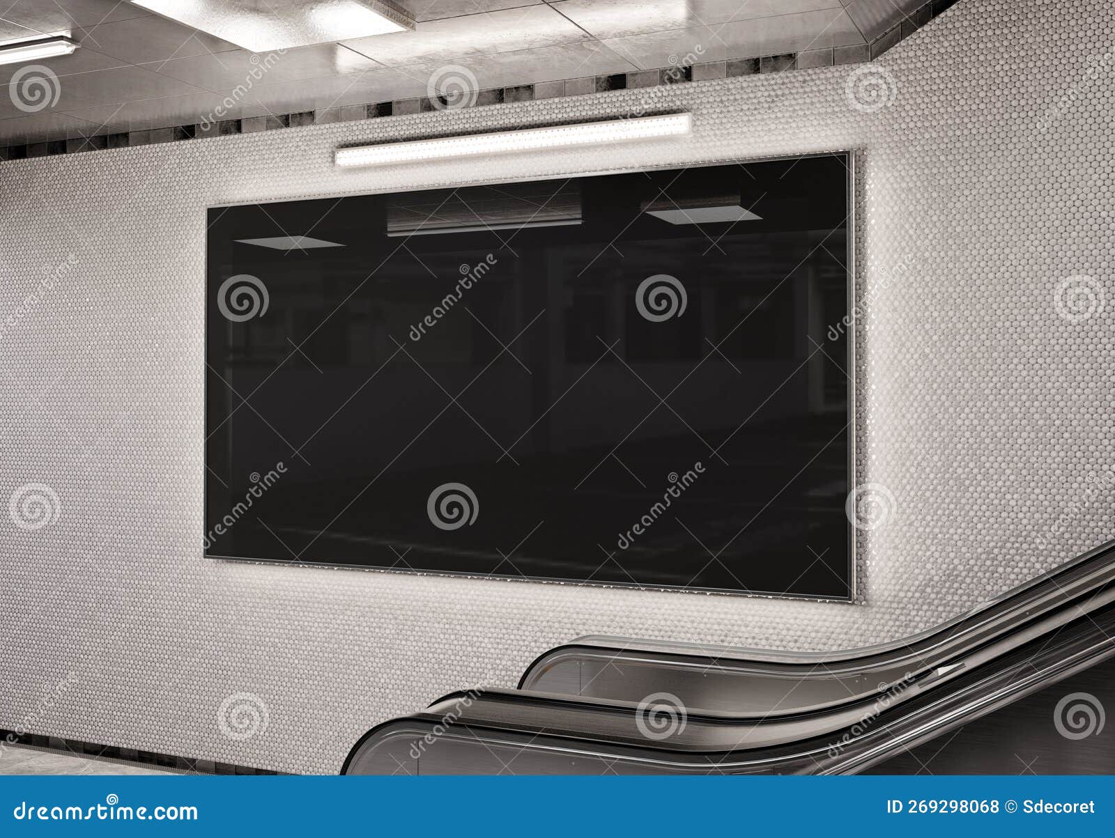 Panoramic 2:1 Glowing Billboard on Underground Wall Mockup. Hoarding ...