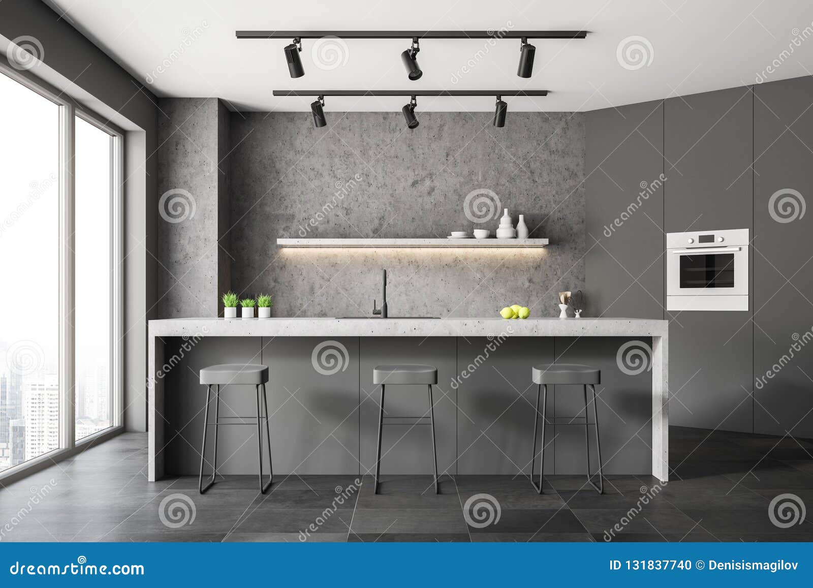 Panoramic Gray Kitchen Interior with Bar Close Up Stock Illustration ...