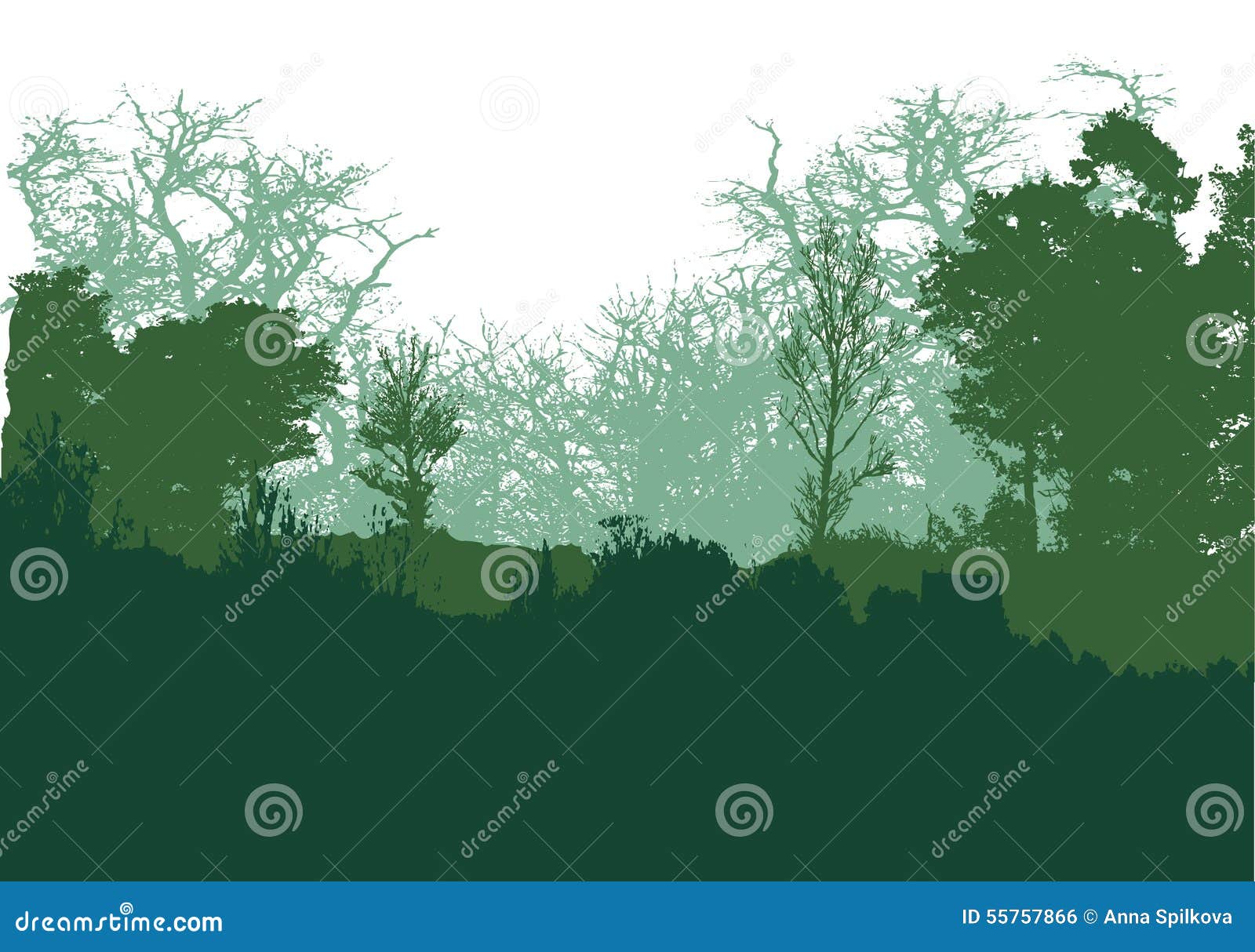 Panoramic Green Forest Landscape with Silhouettes of Trees Stock Vector ...