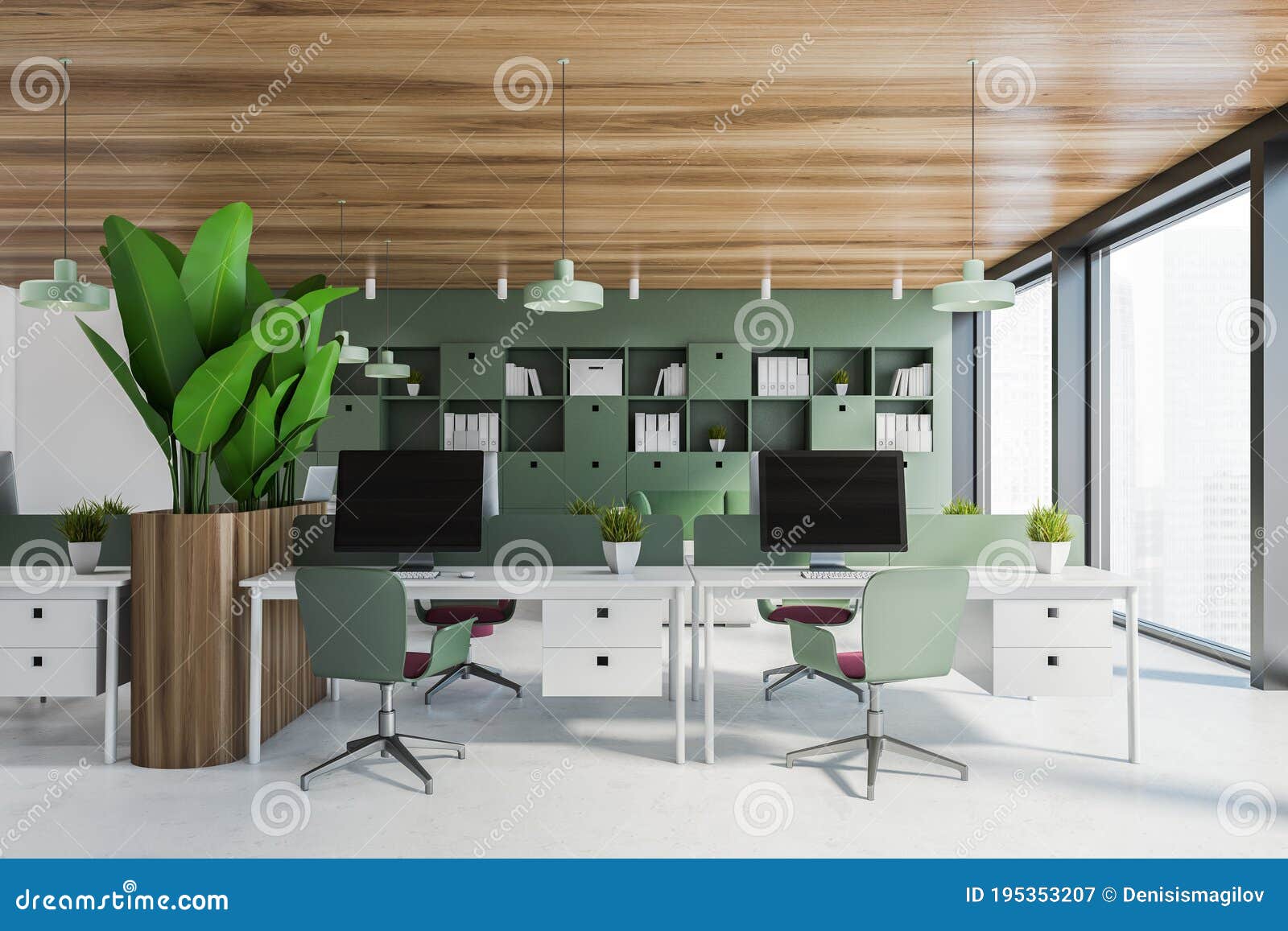 Panoramic Green Open Space Office Interior Stock Illustration ...
