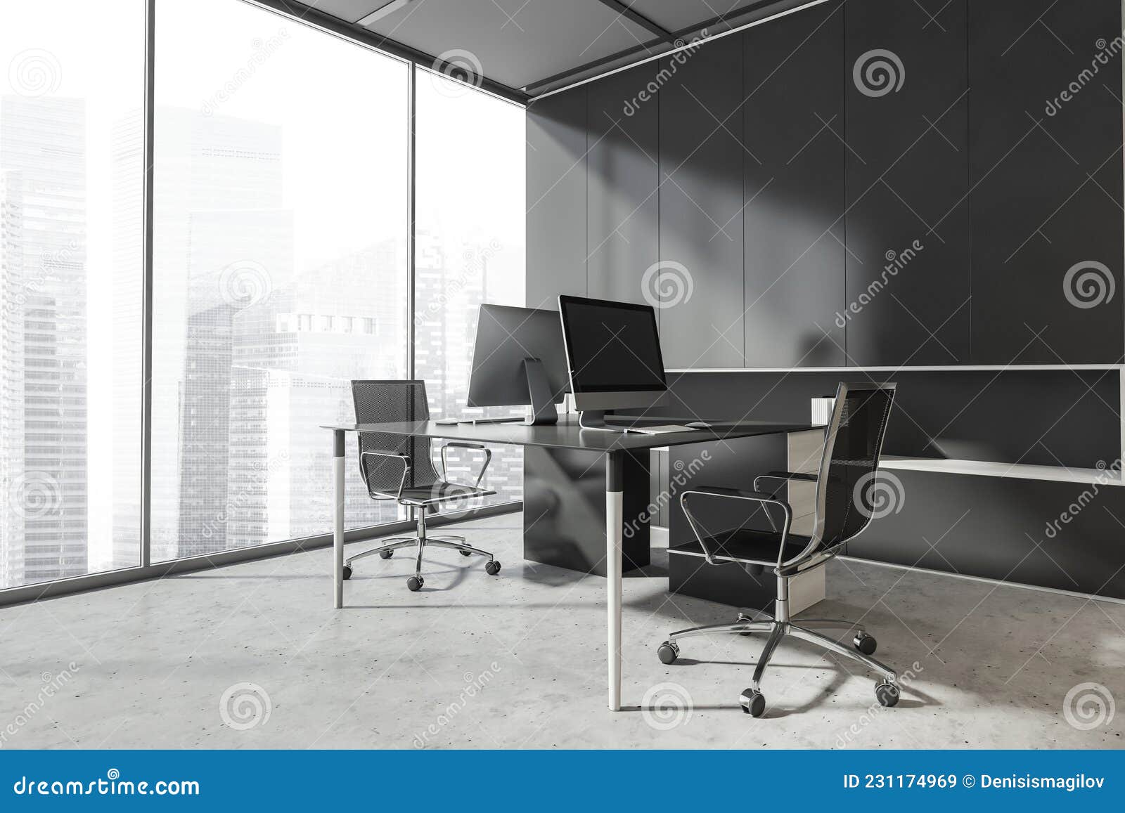 Panoramic Grey Workspace with Office Desk Combination Stock ...