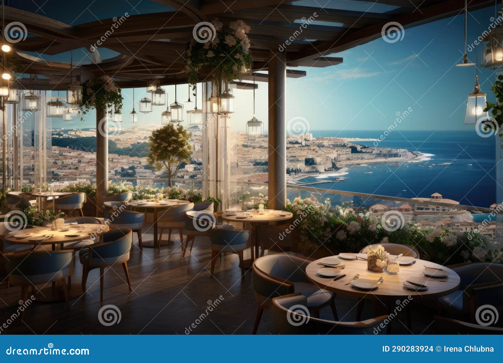 Panoramic Hotel Restaurant Overlooking the Ocean or Cityscape Stock ...