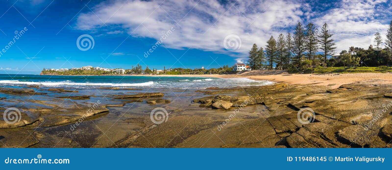 Panoramic Image of Dicky Beach, Caloundra, Queensland, Australia Stock ...