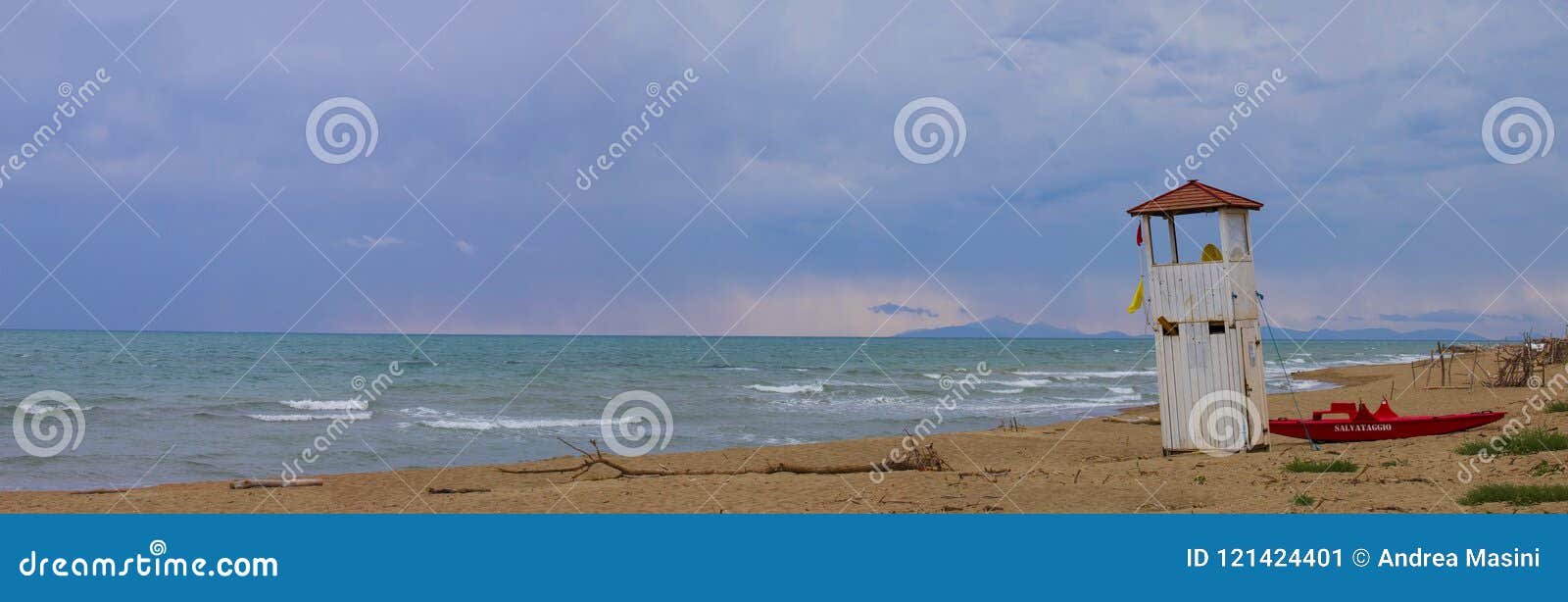 Panoramic Image of a Seascape with Desolate Sand Beach and a Lifeguard ...