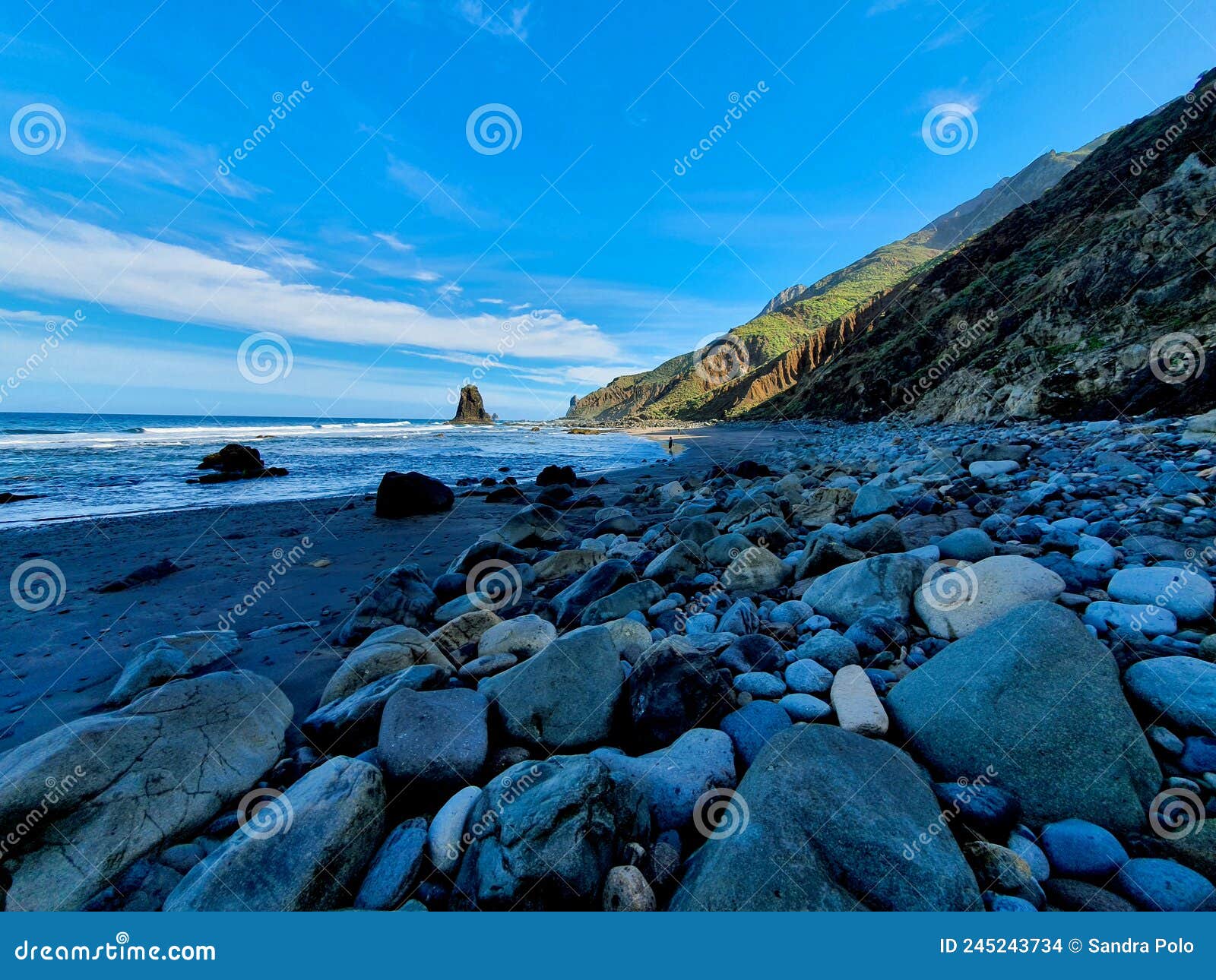 Panoramic of an Impressive Remote Beach with Mountains and Sharp Rocks ...