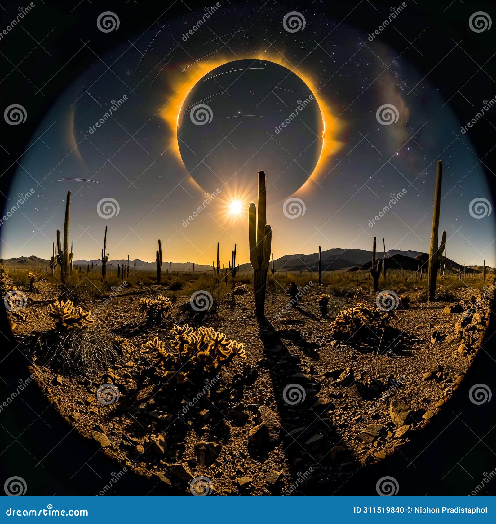 A Panoramic Landscape of a Desert during a Ring of Fire Eclipse Stock Illustration ...
