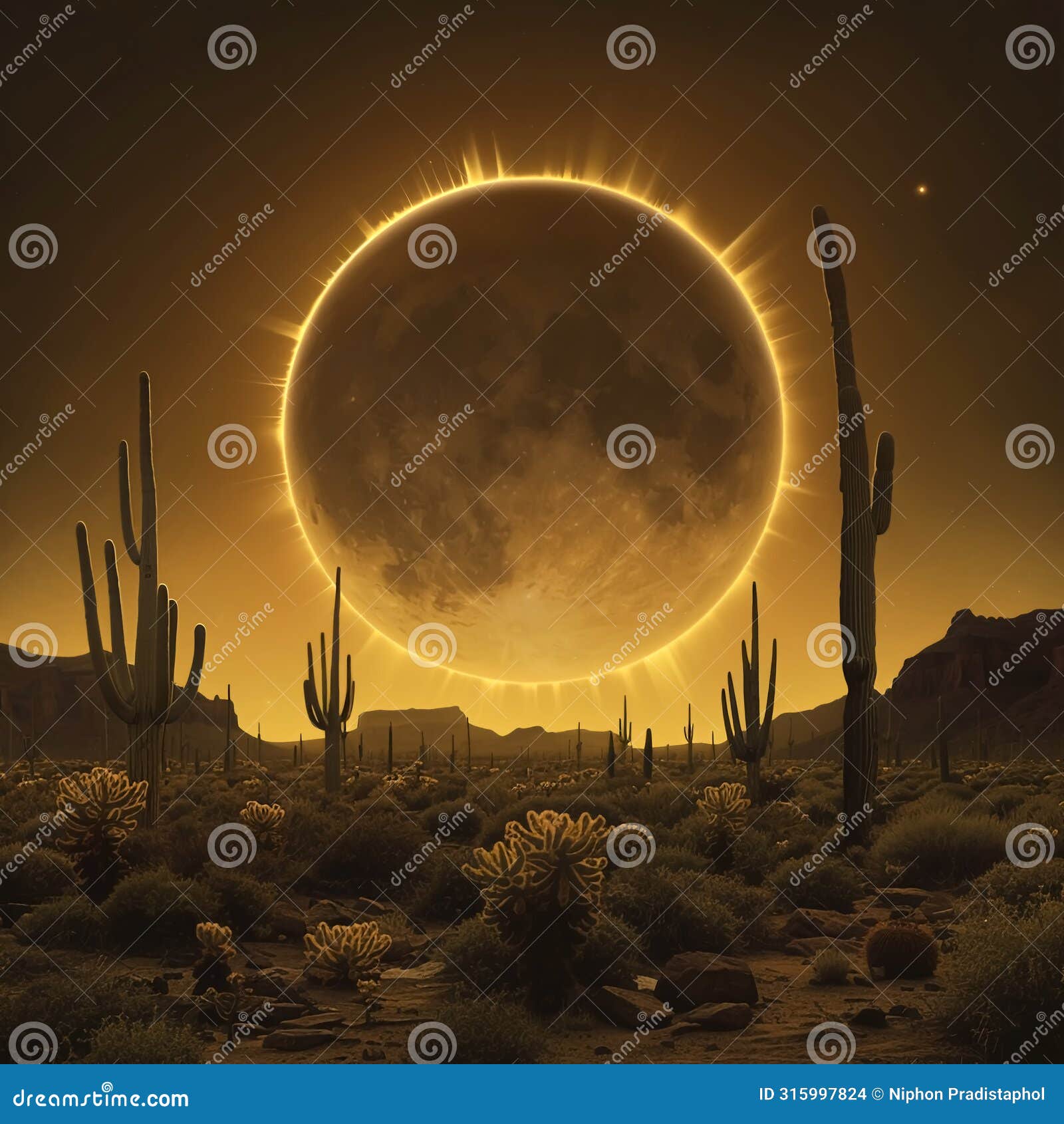 A Panoramic Landscape of a Desert during a Ring of Fire Eclipse Stock Illustration ...
