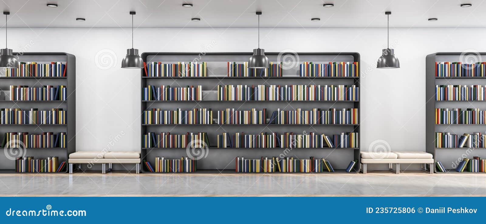 Panoramic Library Interior with Bookcase, Bench and Mock Up Place on ...