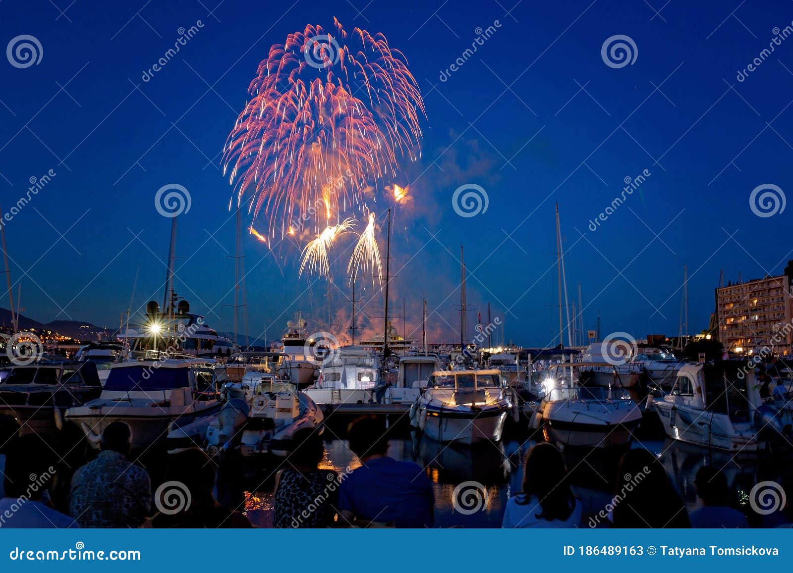 Panoramic Lovely View of Fireworks on the Principality of Monaco Stock ...