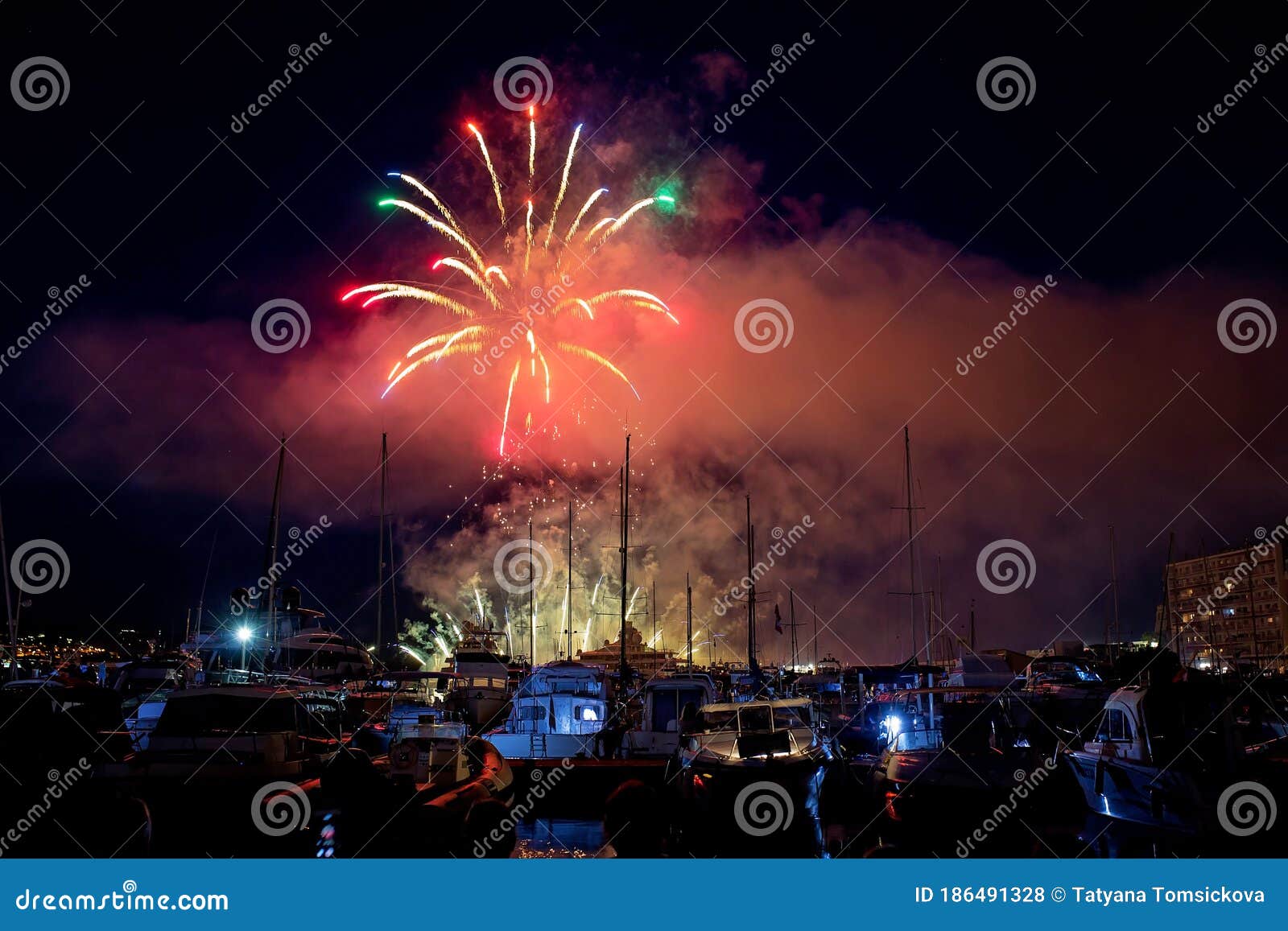 Panoramic Lovely View of Fireworks on the Principality of Monaco Stock ...
