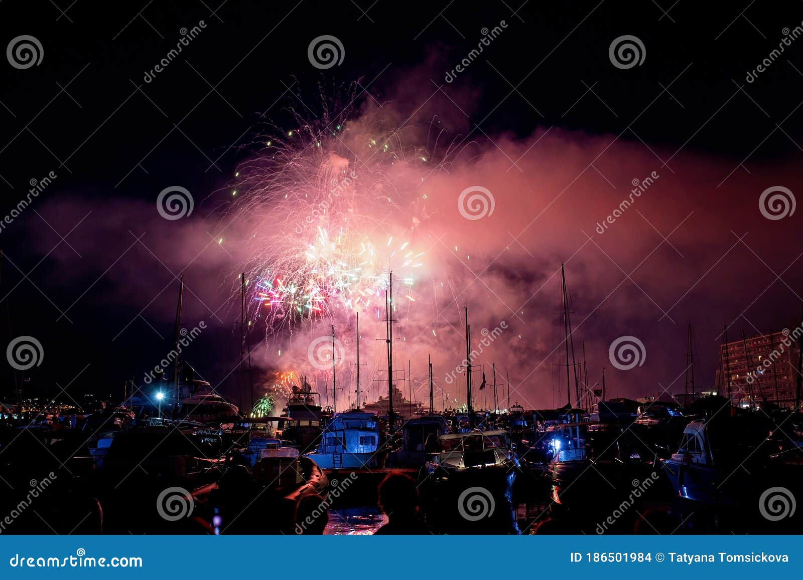 Panoramic Lovely View of Fireworks on Principality of Monaco on a ...