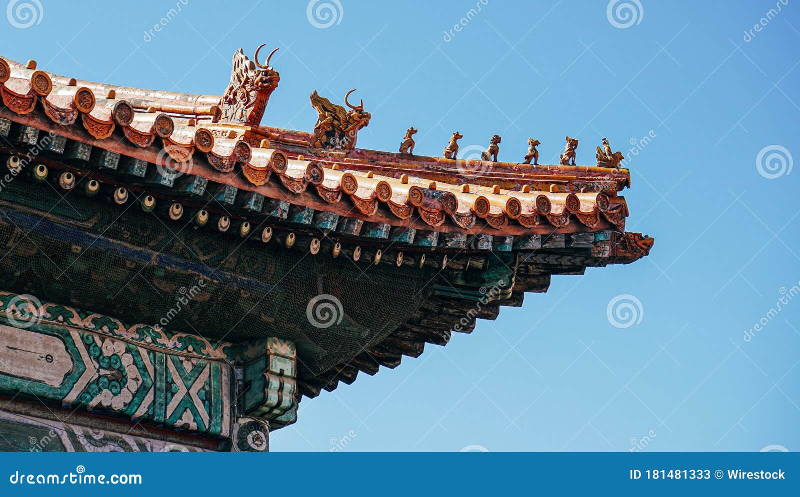 Panoramic Low Angle Shot of a Chinese Building S Rooftop Under a Blue ...