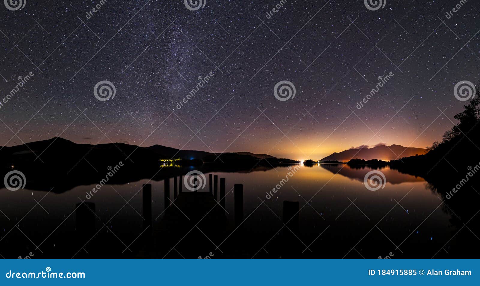 A Panoramic Nightscape from Ashness Jetty on Derwent Water Stock Image ...