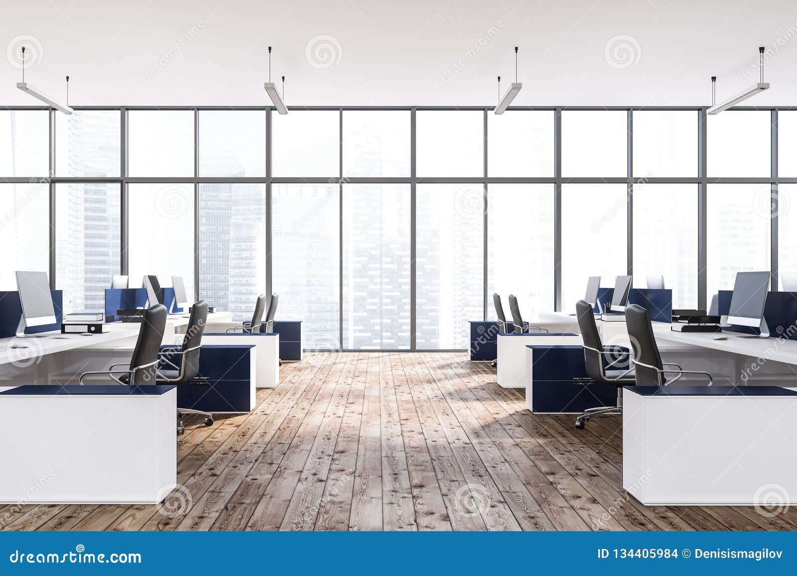 Panoramic Office Interior, Blue Tables Stock Illustration ...