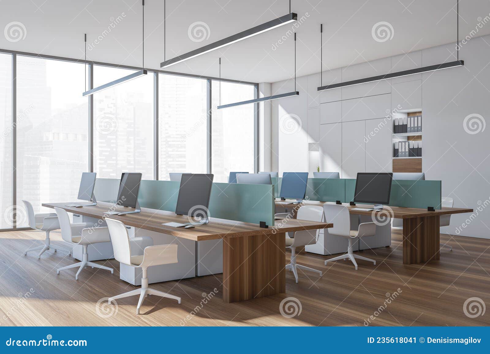 Panoramic Office with White and Green Working Area. Corner View Stock ...