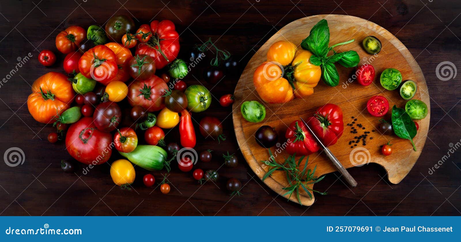 Panoramic of Old Tomatoes Stacked on the Left with a Cutting Board on ...