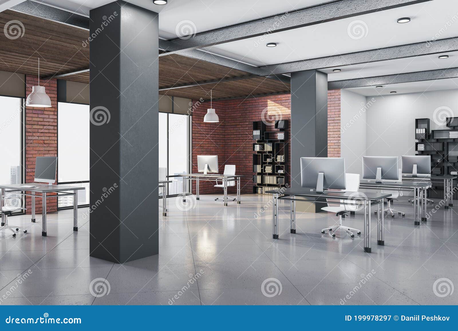 Panoramic Open Space Modern Office with Rows of Computer Tables Stock ...