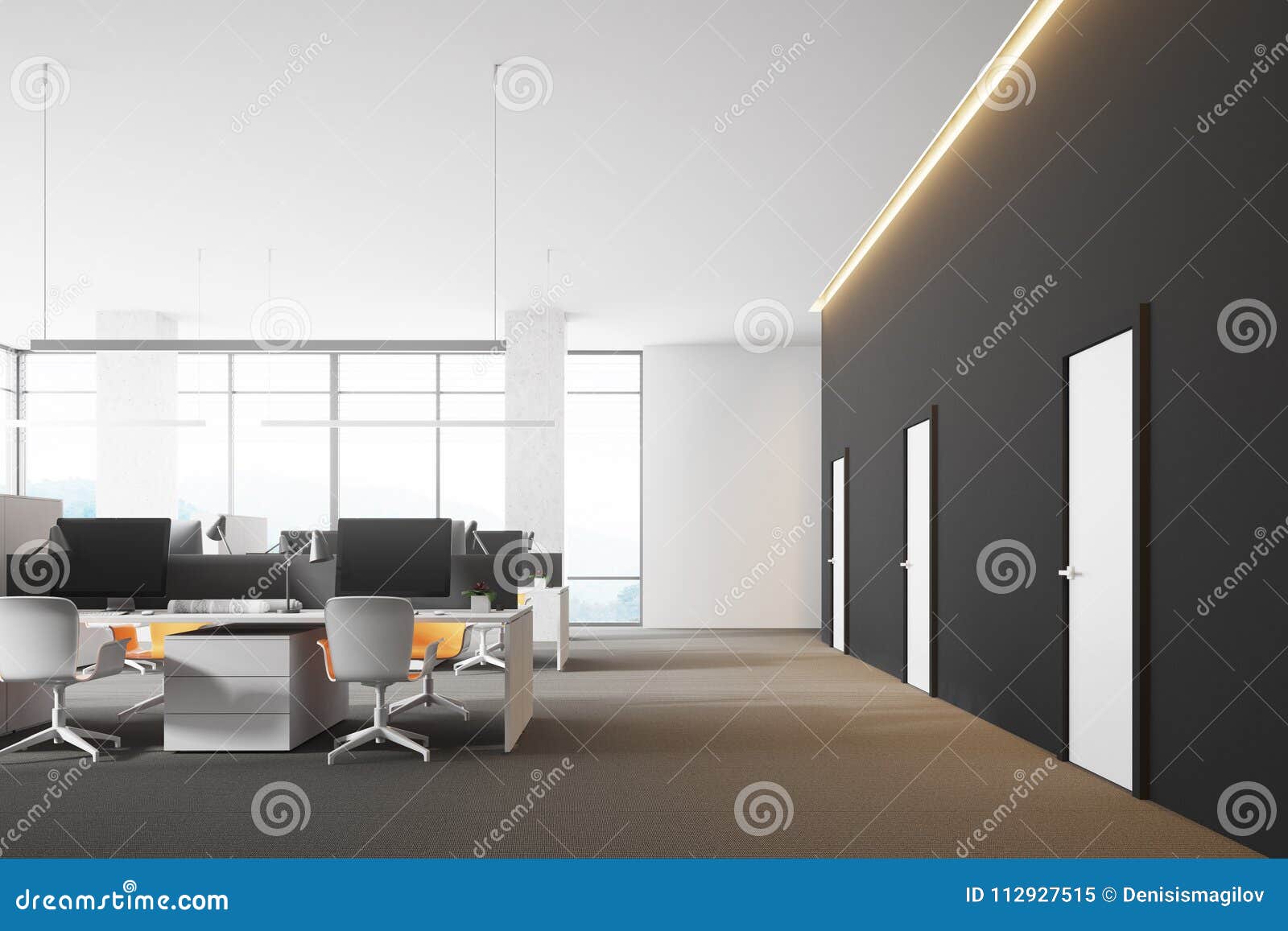Panoramic Open Space Office, Gray Walls, Front Stock Illustration ...