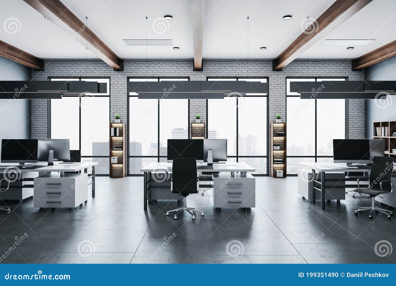 Panoramic Open Space Office with Rows of Computer Tables Stock ...