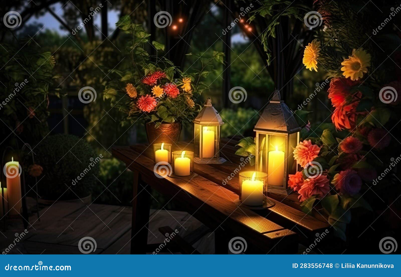 Panoramic Photo of LED Light Posts Illuminated Backyard Garden during ...