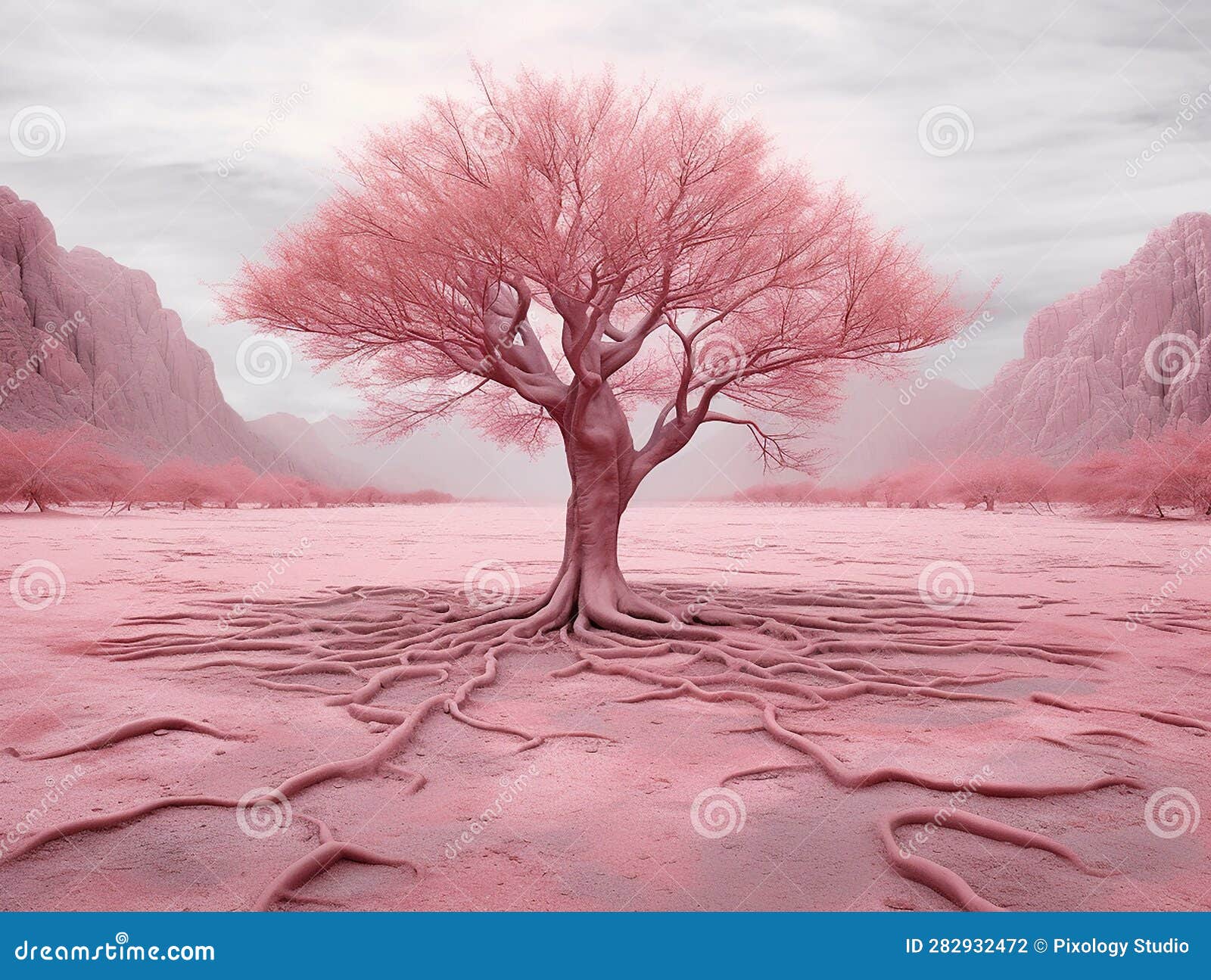 Panoramic Picture of a Baby Pink Leafed Tree in the Middle of Red ...