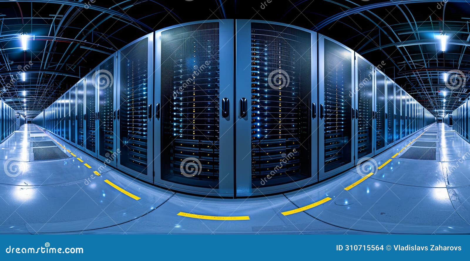 In the Panoramic Picture of a Huge Server Room, the Ranks of Servers ...