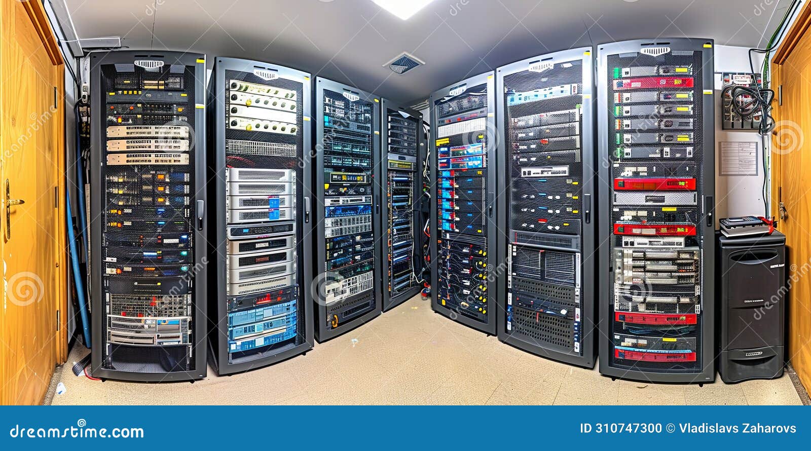 In the Panoramic Picture of a Huge Server Room, the Ranks of Servers ...
