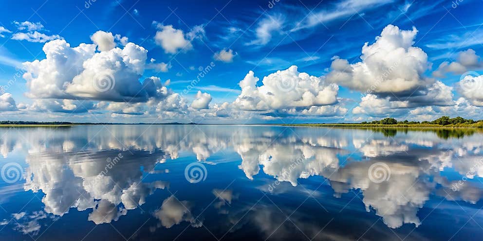Panoramic Scene Capturing Wide Fluffy Clouds Mirrored in Calm Reflective Waters AI-Generated ...